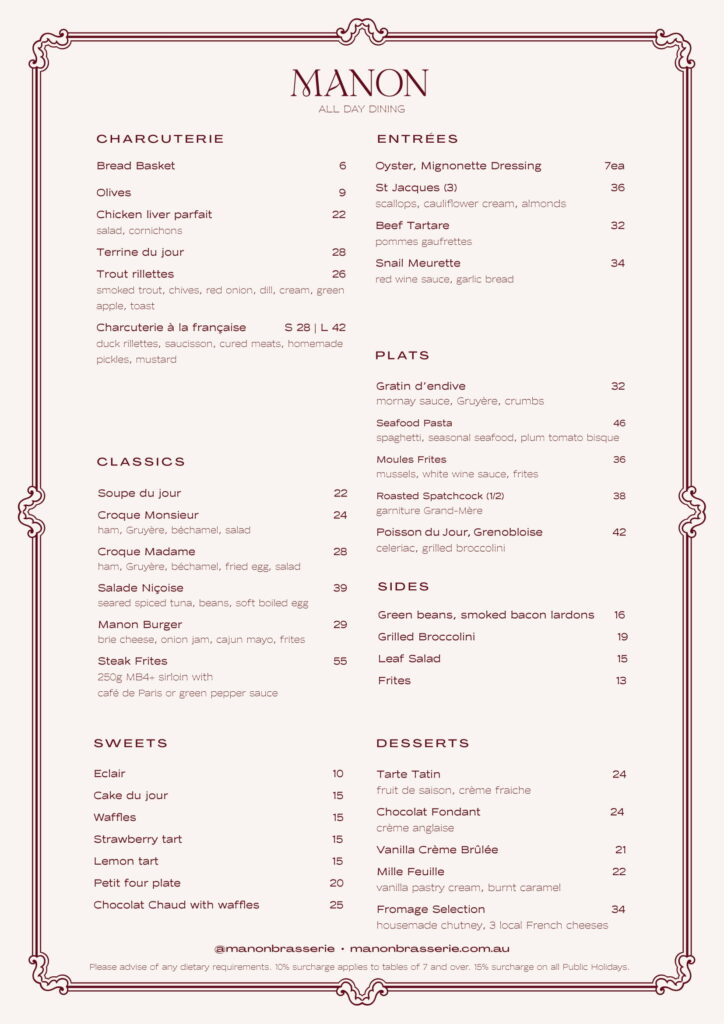 Le Menu | Manon Brasserie