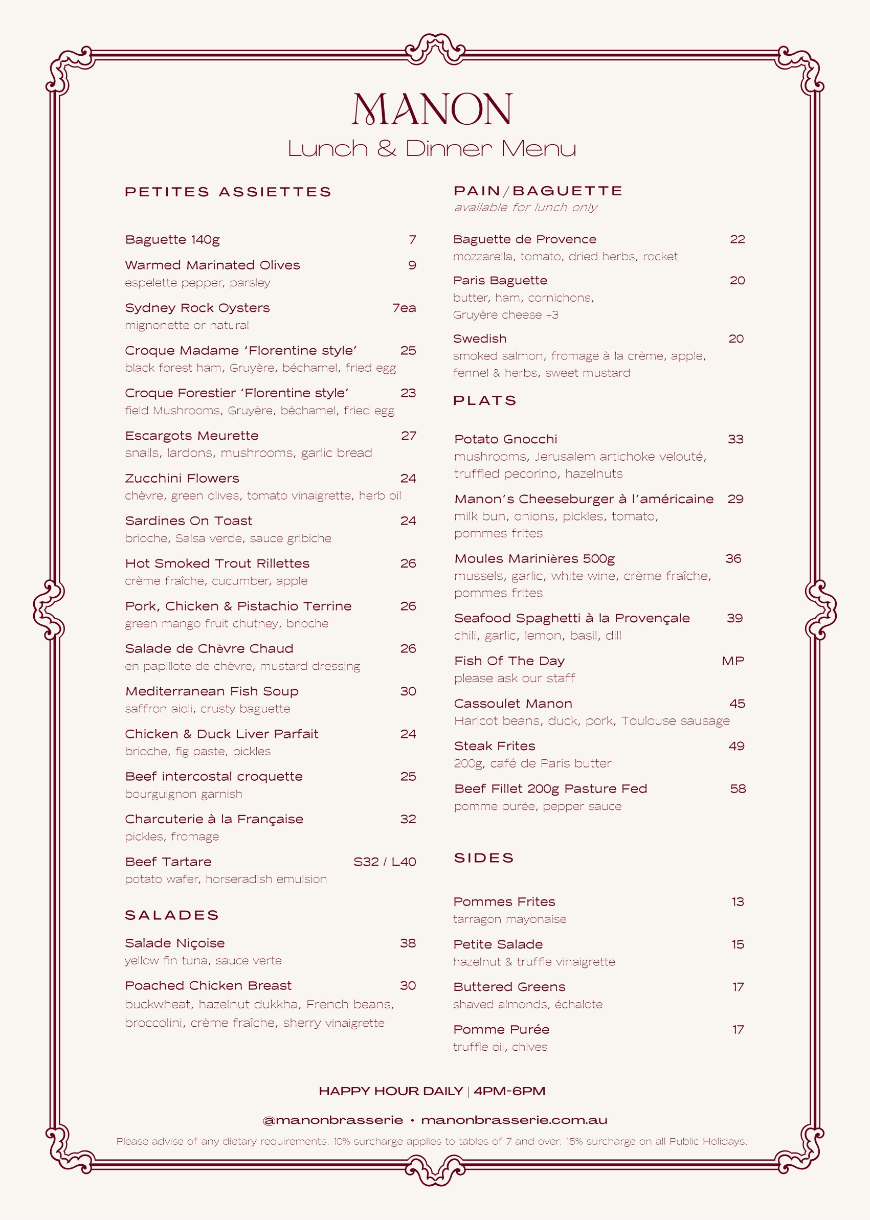 Le Menu | Manon Brasserie