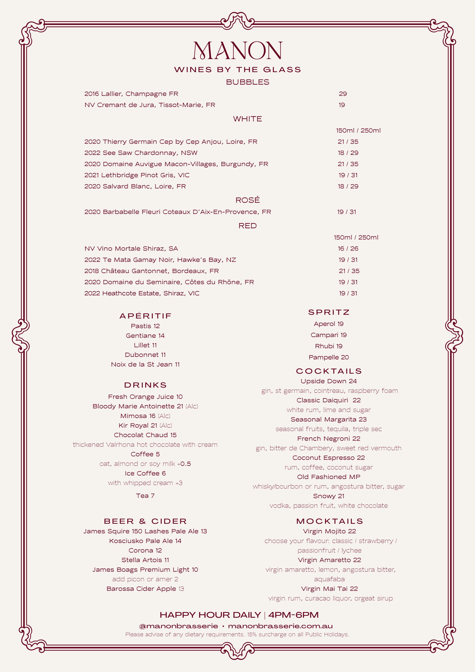 Le Menu | Manon Brasserie