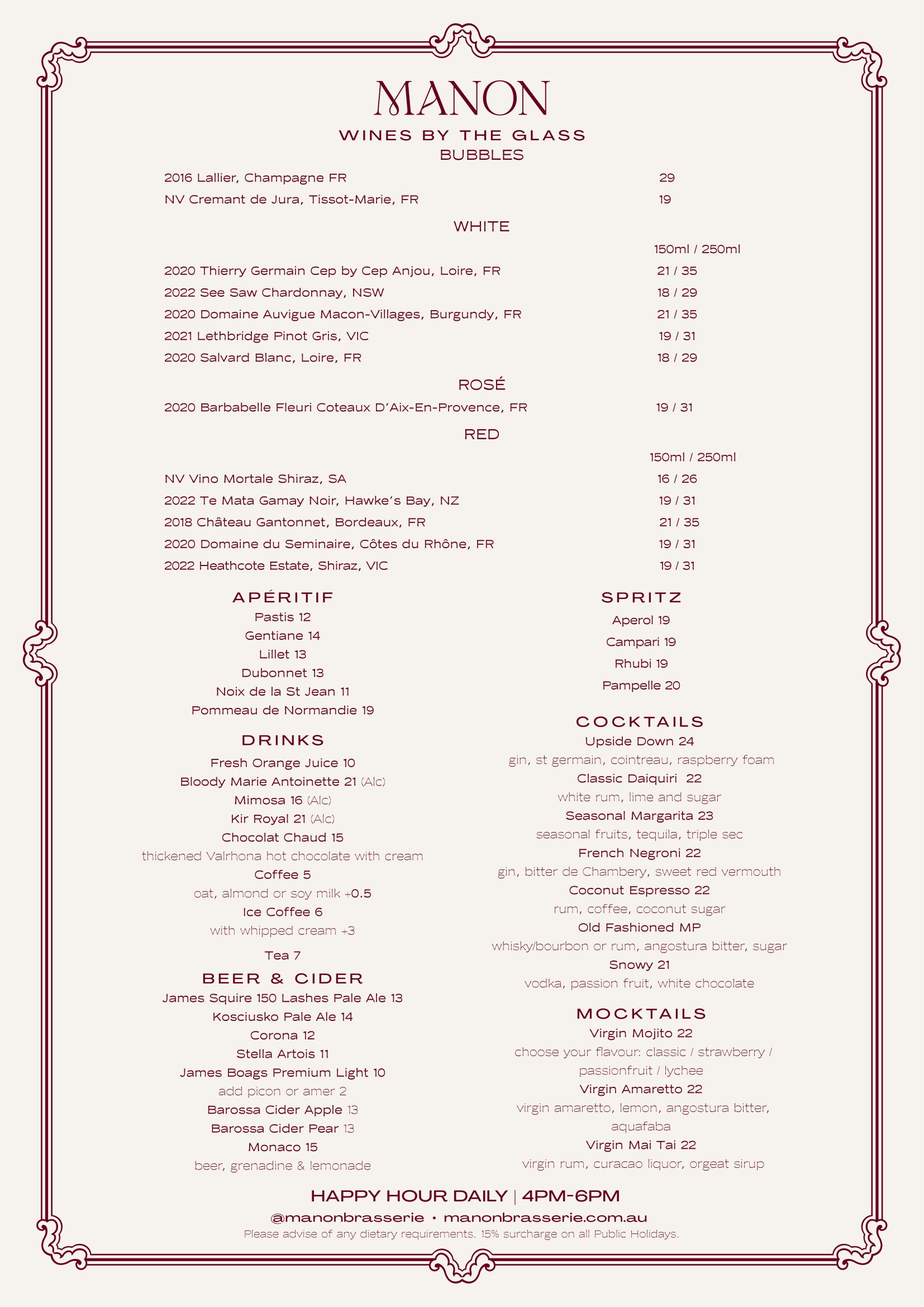 Le Menu | Manon Brasserie