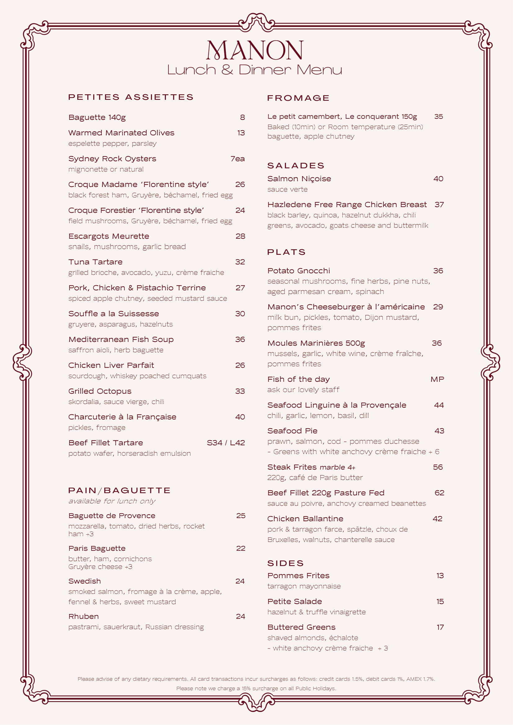 Le Menu | Manon Brasserie